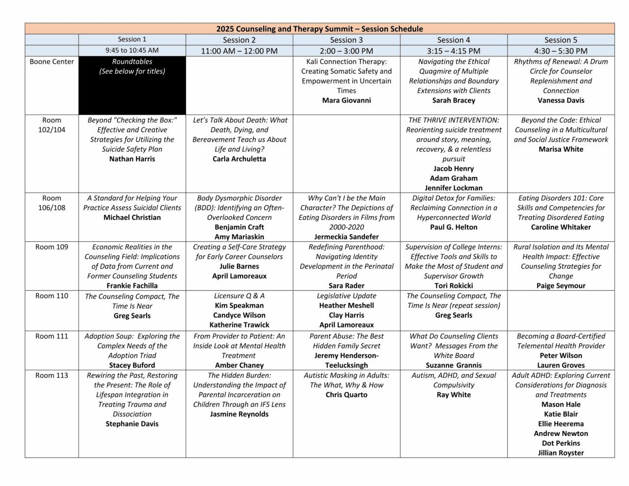 2025 Session Schedule | TLPCA